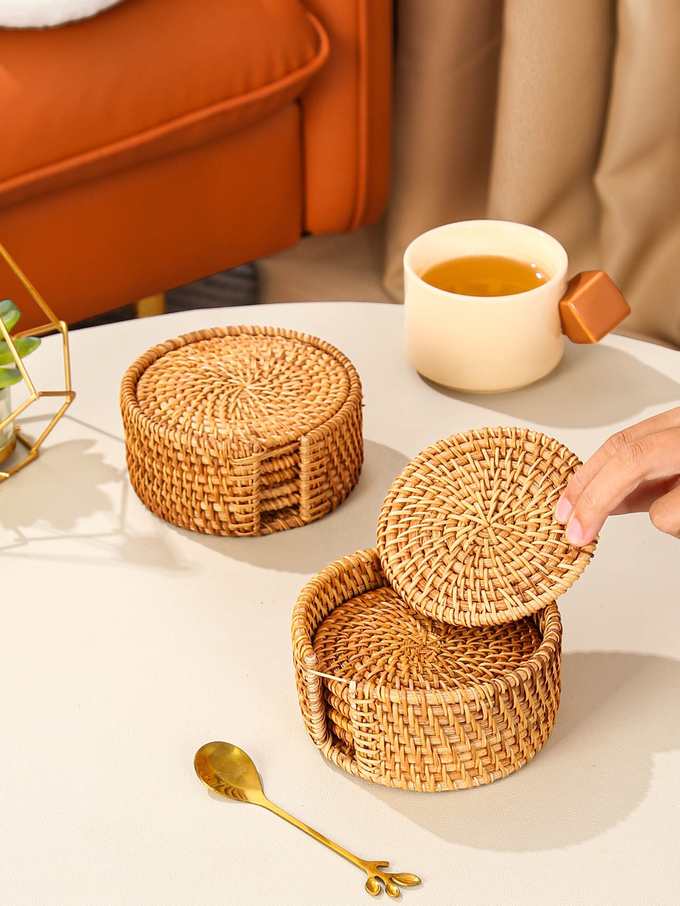 6pcs Round Woven Coaster & 1pc Rack