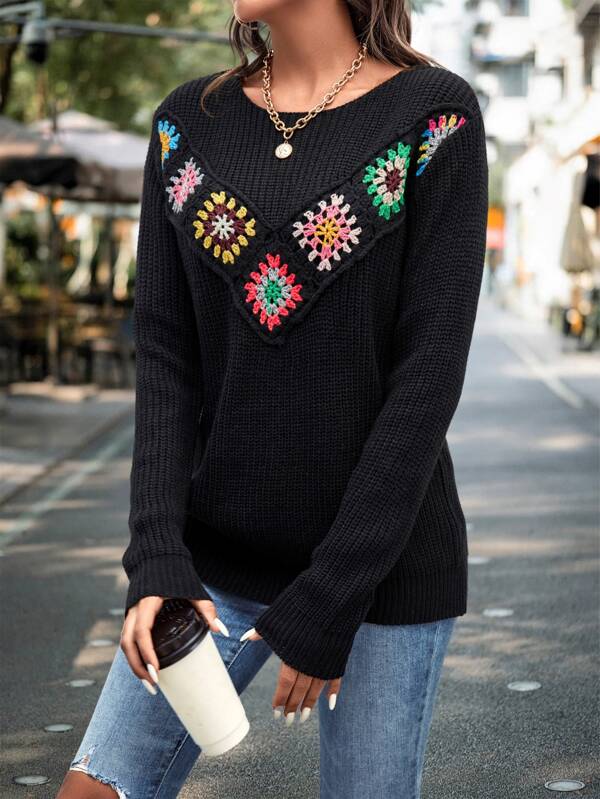 SHEIN LUNE Floral Crochet Ribbed Knit Jumper | SHEIN UK