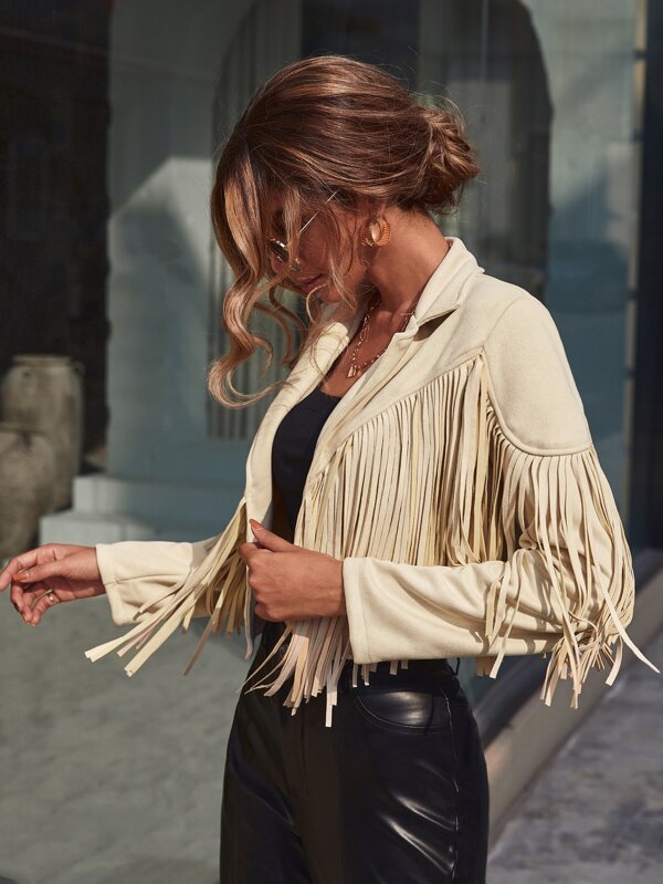 SHEIN VCAY Fringe Trim Lapel Neck Crop Suedette Jacket | SHEIN USA