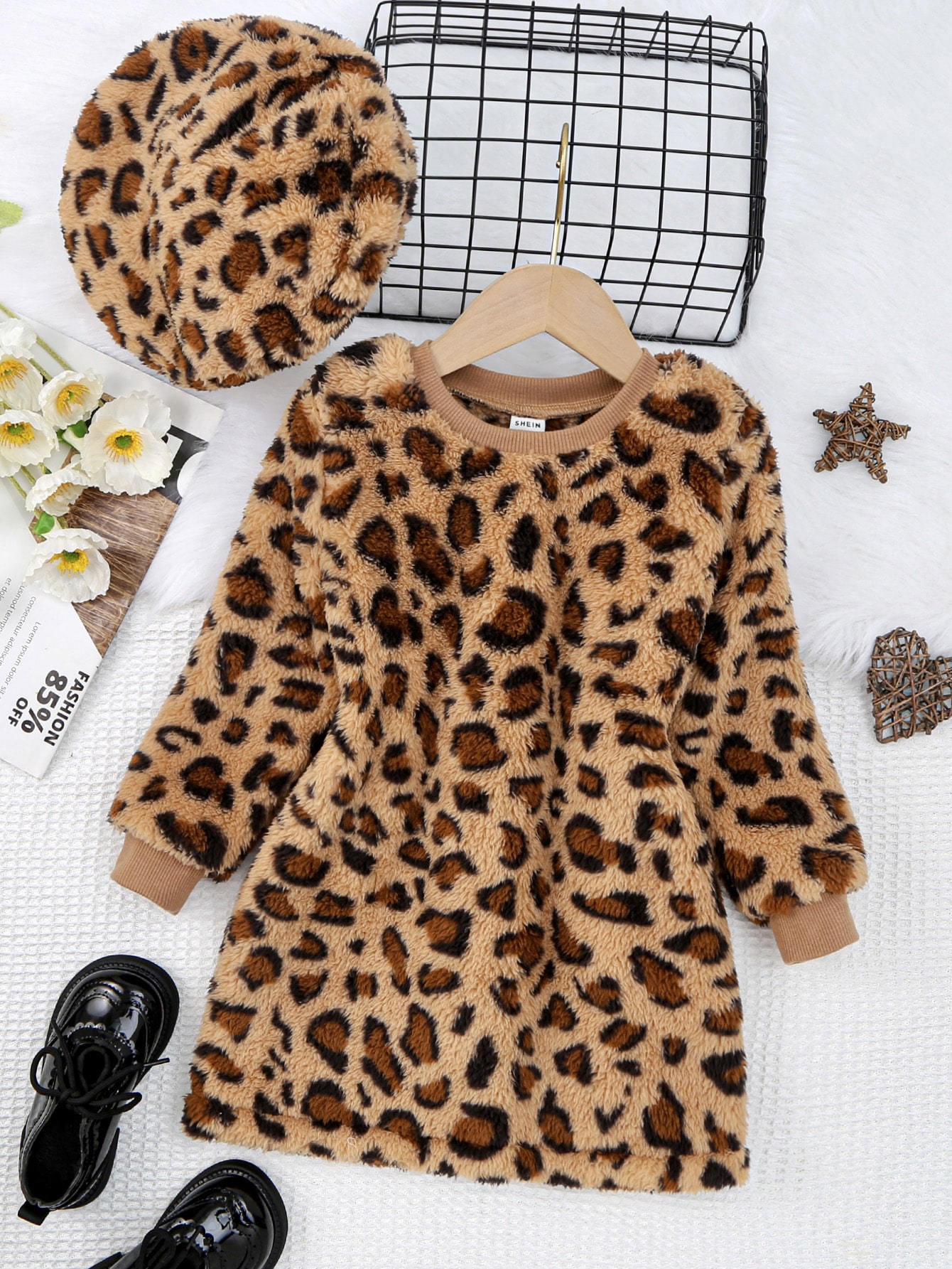 Toddler Girls Leopard Print Teddy Dress With Hat