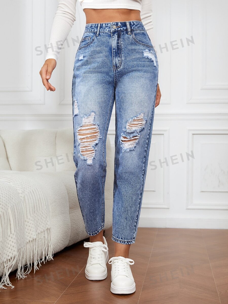 SHEIN Essnce Ripped Mom Fit Jeans | SHEIN