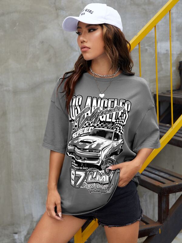 Shein Coolane Letter And Car Print Drop Shoulder Tee Shein Usa
