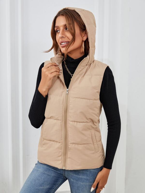 Shein Frenchy Zipper Up Slant Pocket Hooded Sleeveless Puffer Coat
