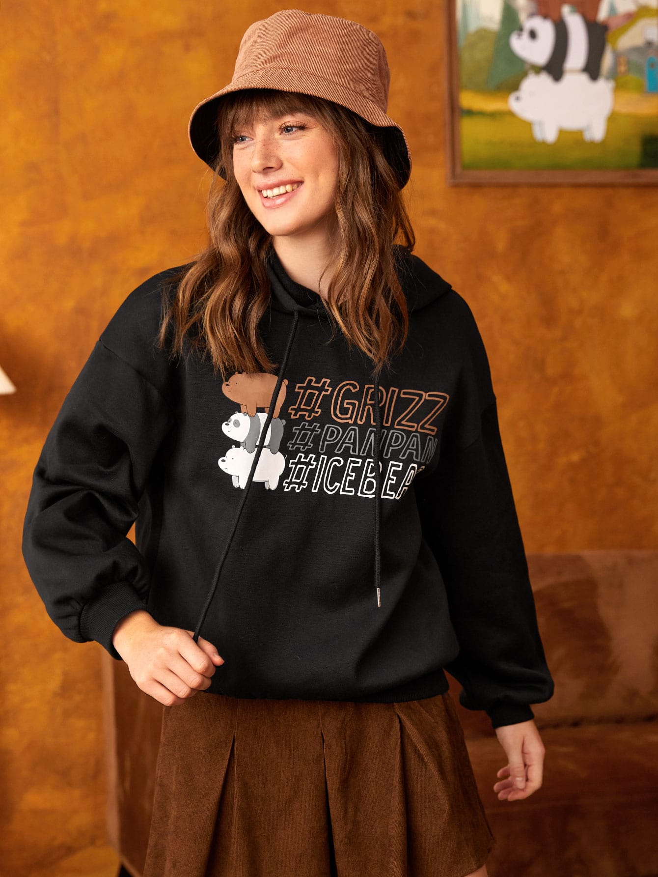 We Bare Bears | SHEIN Cartoon & Letter Graphic Drawstring Hoodie | SHEIN UK