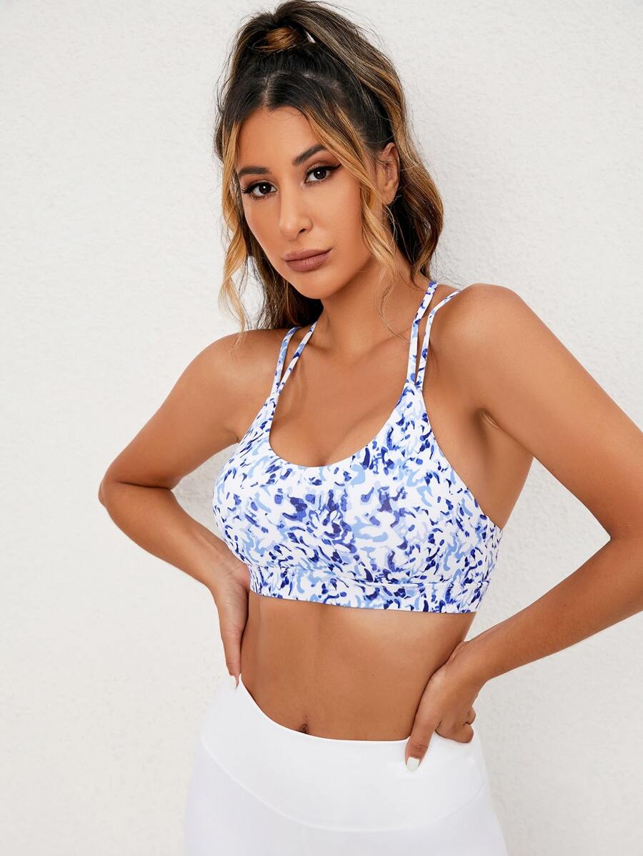Yoga Trendy Allover Print Strappy Back Sports Bra Shein Usa