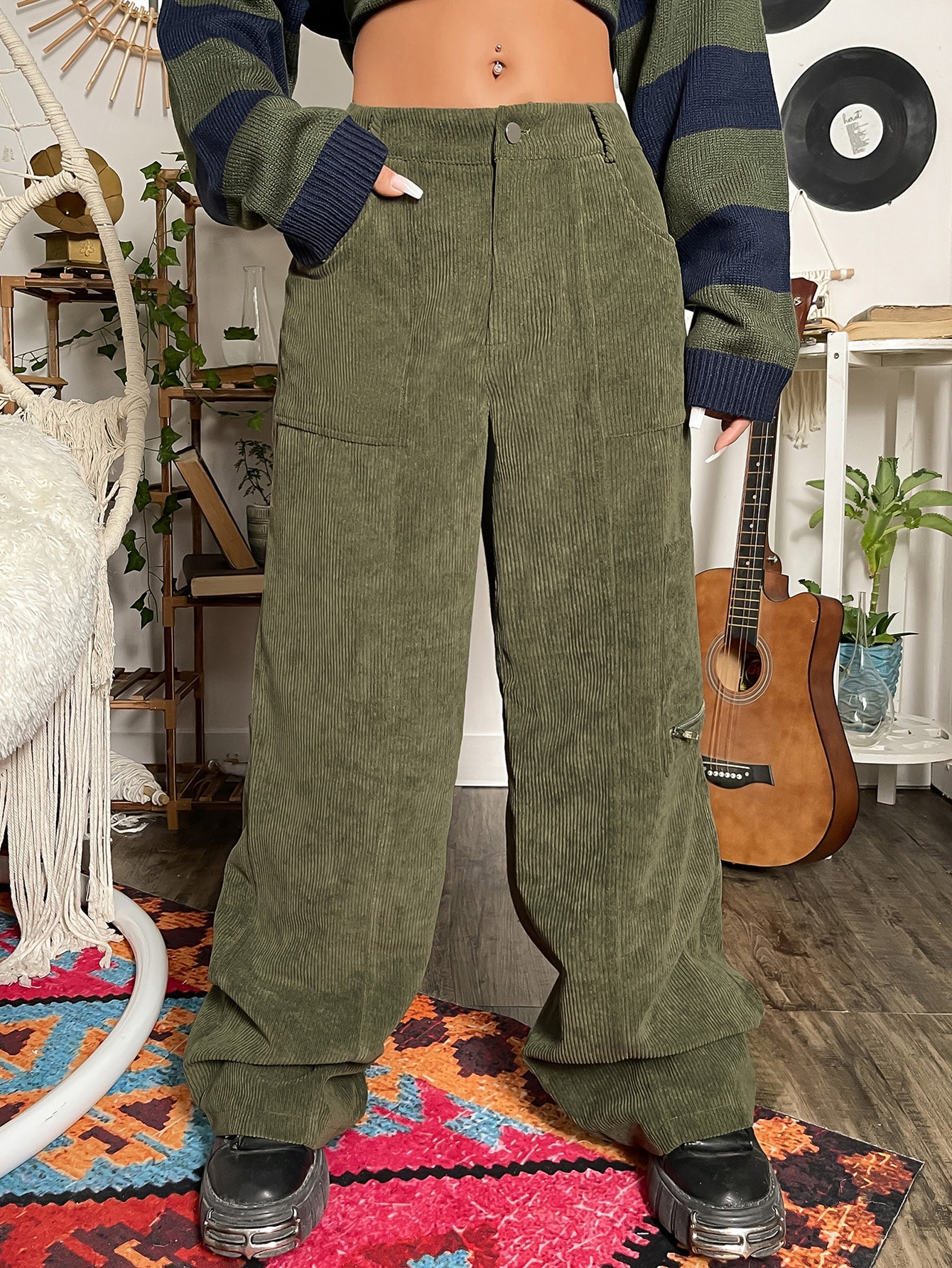 Zipper Fly Slant Pocket Cord Pants