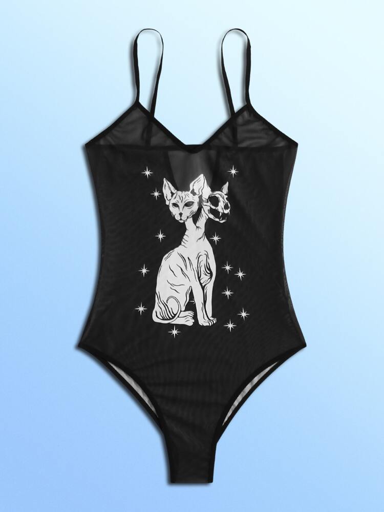 ROMWE X Areohzeddesign Cami Teddy Body mit Mesh Grafik | SHEIN Schweiz