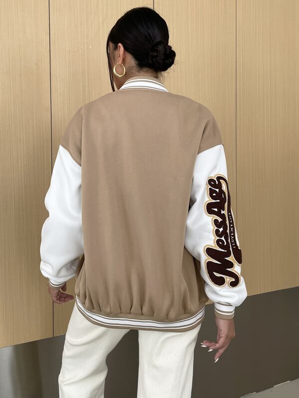 Shein Ezwear Letter Patched Striped Trim Drop Shoulder Varsity Jacket