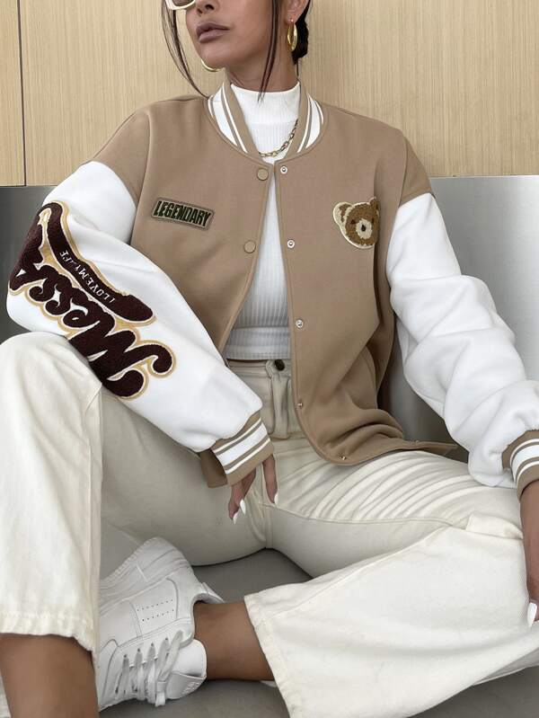 SHEIN EZwear Letter Patched Striped Trim Drop Shoulder Varsity Jacket ...