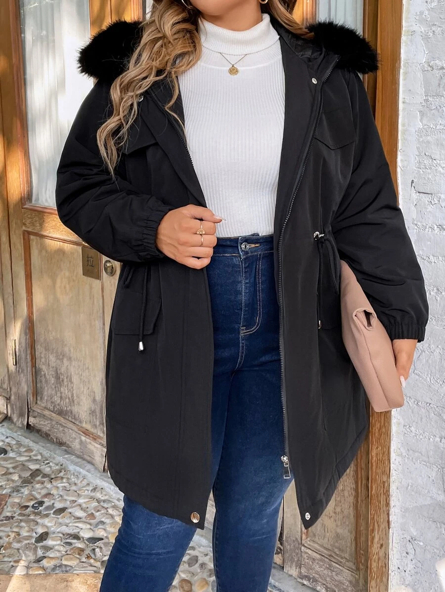 SHEIN LUNE Plus Drawstring Waist Fuzzy Trim Hooded Parka Padded Coat Clothes Winter | SHEIN USA