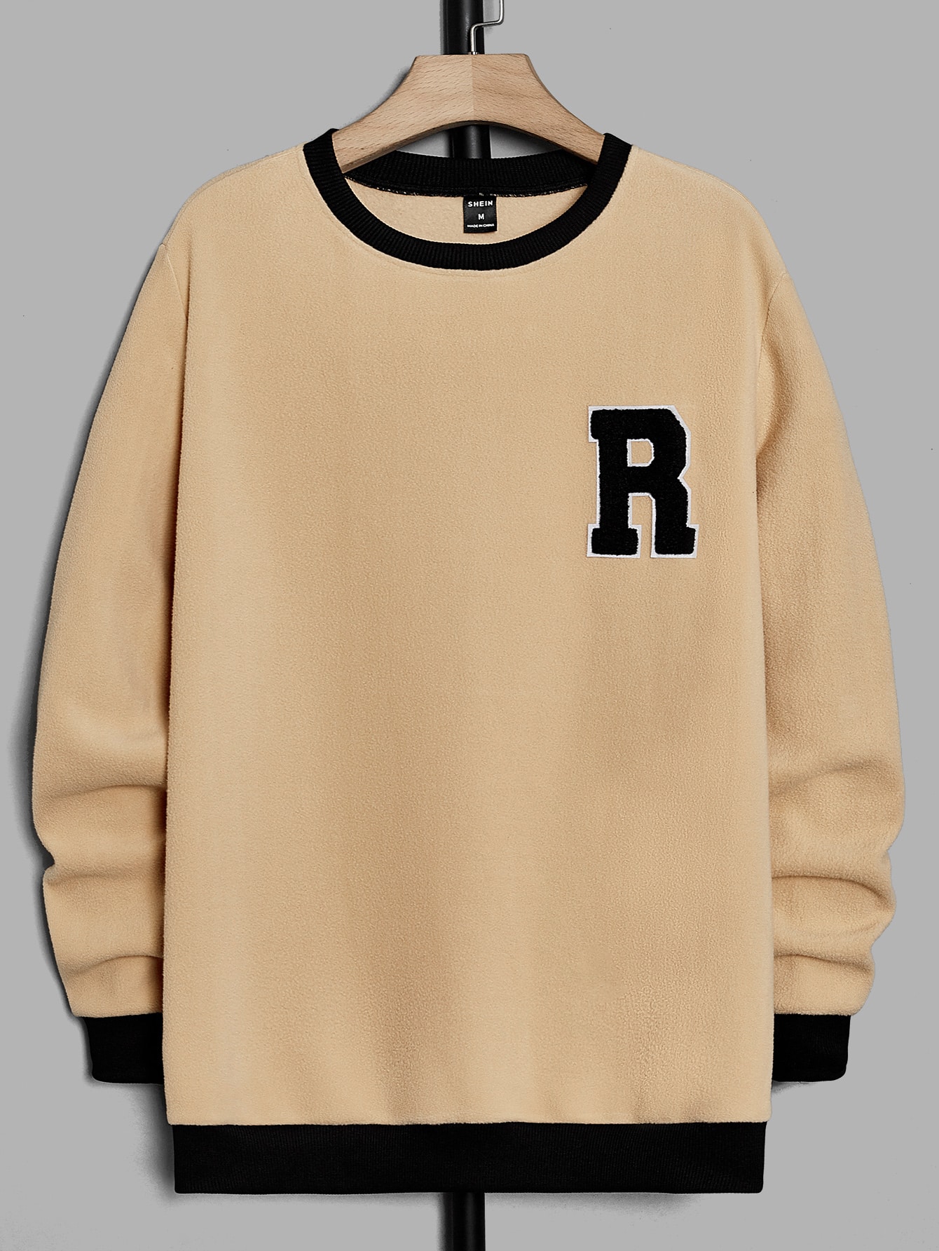 SHEIN Men Letter Patched Contrast Binding Fleece Pullover