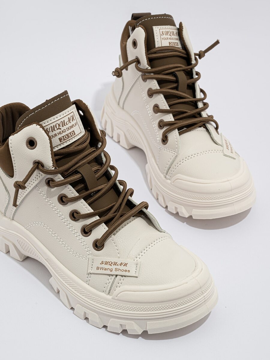 Women Patch Detail High Top Pu Lace-Up Front Chunky Sneakers | SHEIN UK