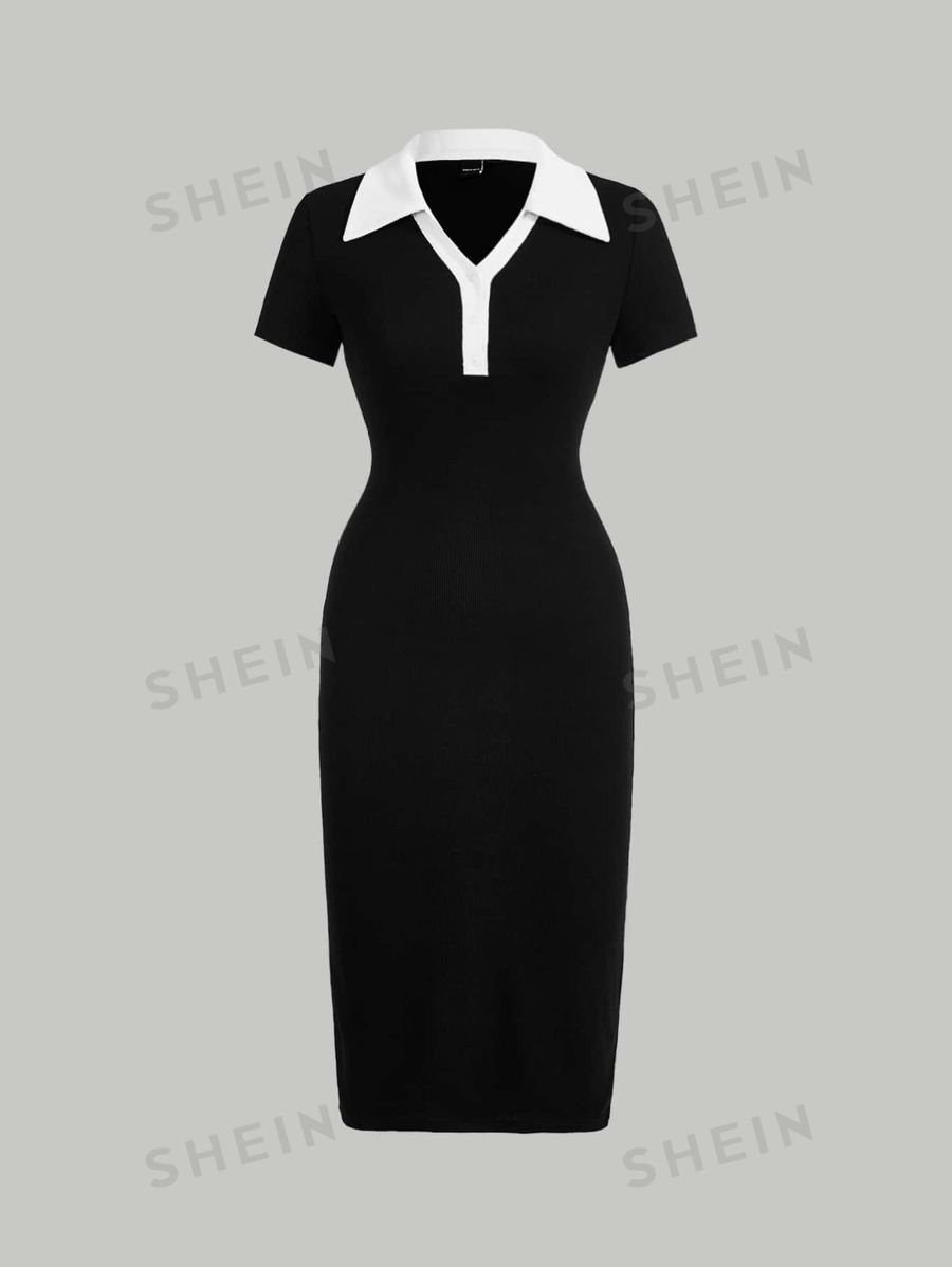 SHEIN MOD Vestido Preppy Preto E Branco Com Gola Contrastante E Botões ...