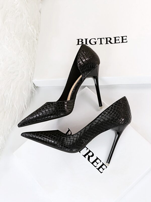 Snakeskin Embossed Point Toe Stiletto Heeled Court Pumps, Black Elegant ...