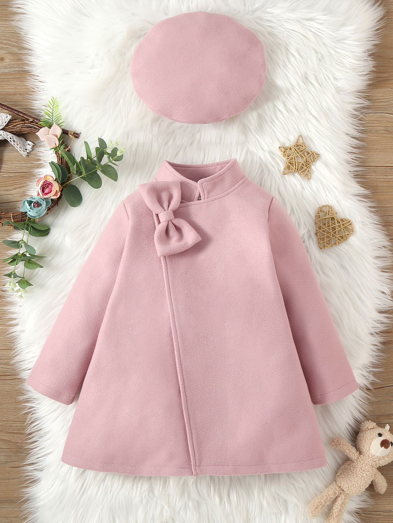 SHEIN Kids SUNSHNE Toddler Girls Bow Front Overcoat & Hat | SHEIN USA