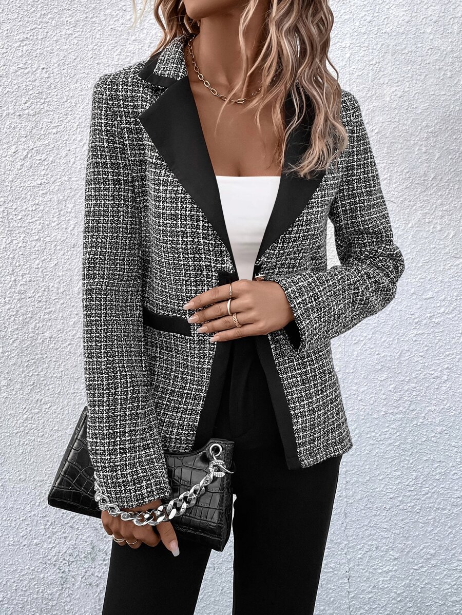 Aveloria Modichic Plaid Pattern Lapel Collar Tweed Blazer | SHEIN USA