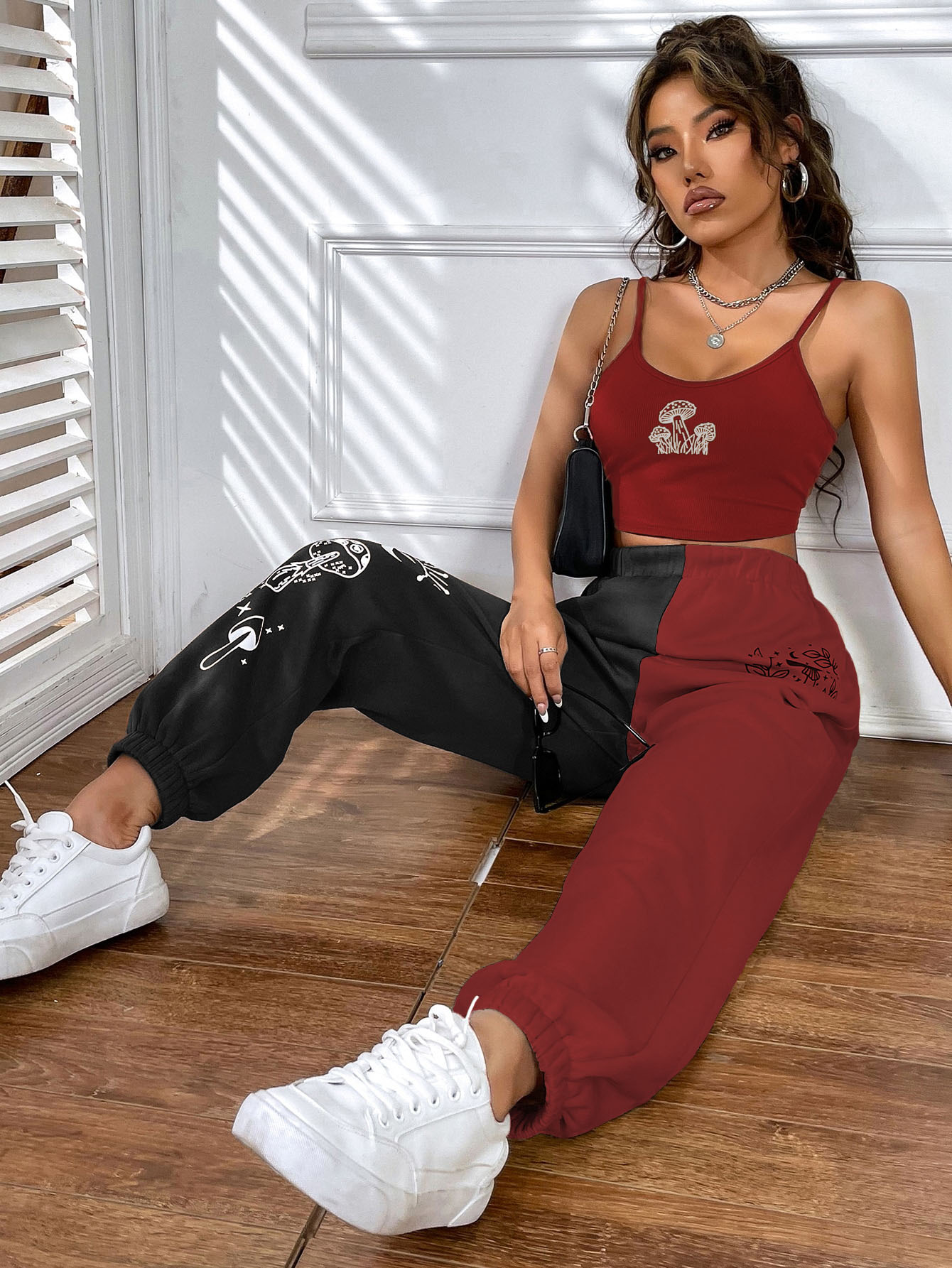 Shein Coolane Mushroom Print Cami Top And Two Tone Sweatpants Shein