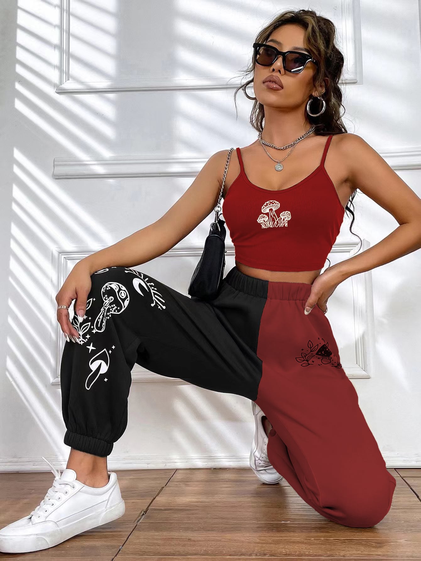 Shein Coolane Mushroom Print Cami Top And Two Tone Sweatpants Shein Usa