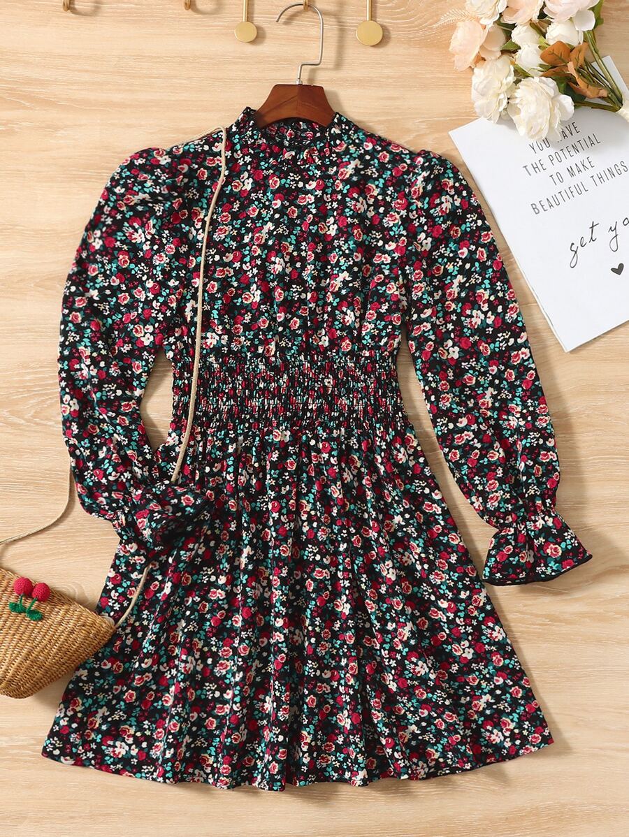 SHEIN Girls Ditsy Floral Print Flounce Sleeve Dress | SHEIN USA