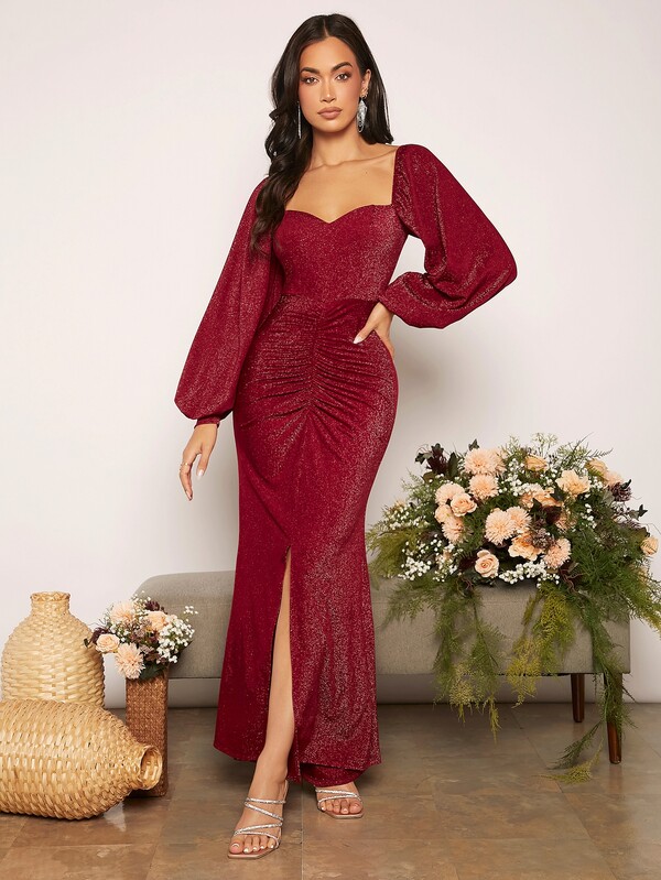 SHEIN Belle Sweetheart Neck Lantern Sleeve Ruched Split Thigh Glitter Bridesmaid Dress | SHEIN USA