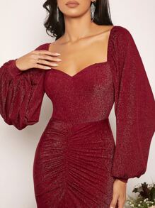 SHEIN Belle Sweetheart Neck Lantern Sleeve Ruched Split Thigh Glitter Bridesmaid Dress | SHEIN USA