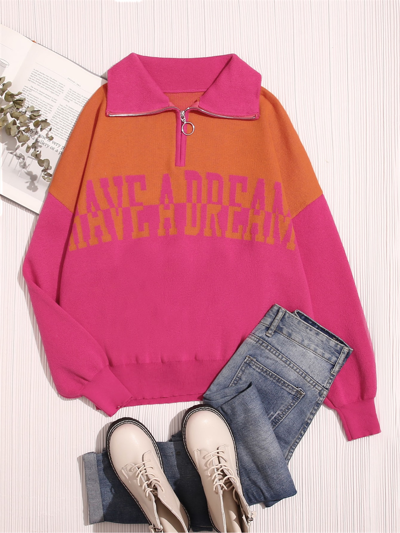 Shein Ezwear Plus Letter Pattern Colorblock Drop Shoulder Half Zip