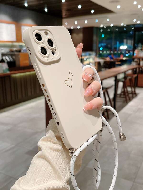 Coque de téléphone à imprimé cœur avec lanière, compatible avec iPhone15/15Plus/15Pro/15Promax ...