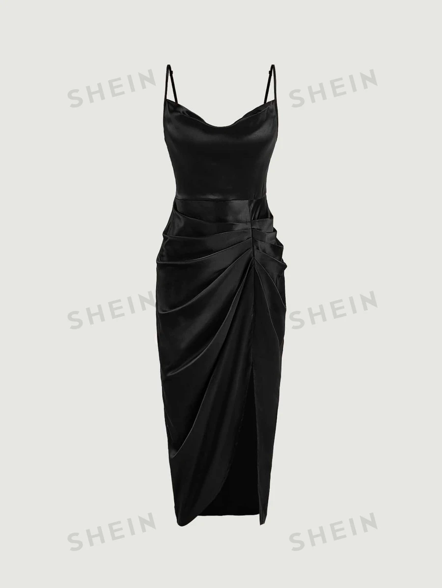 SHEIN BAE Solid Draped Collar Ruched Split Thigh Satin Cami Dress ...