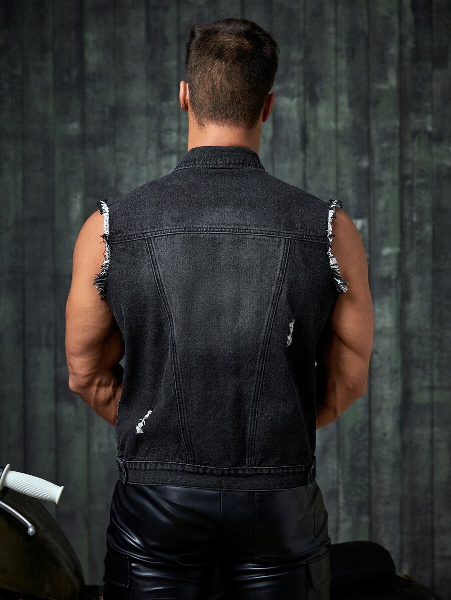 Manfinity LEGND Men Cotton Ripped Frayed Flap Pocket Vest Denim Jacket ...