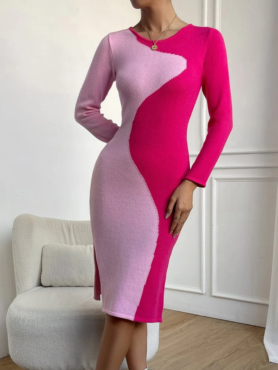 Two Tone Split Thigh Sweater Dress | SHEIN USA