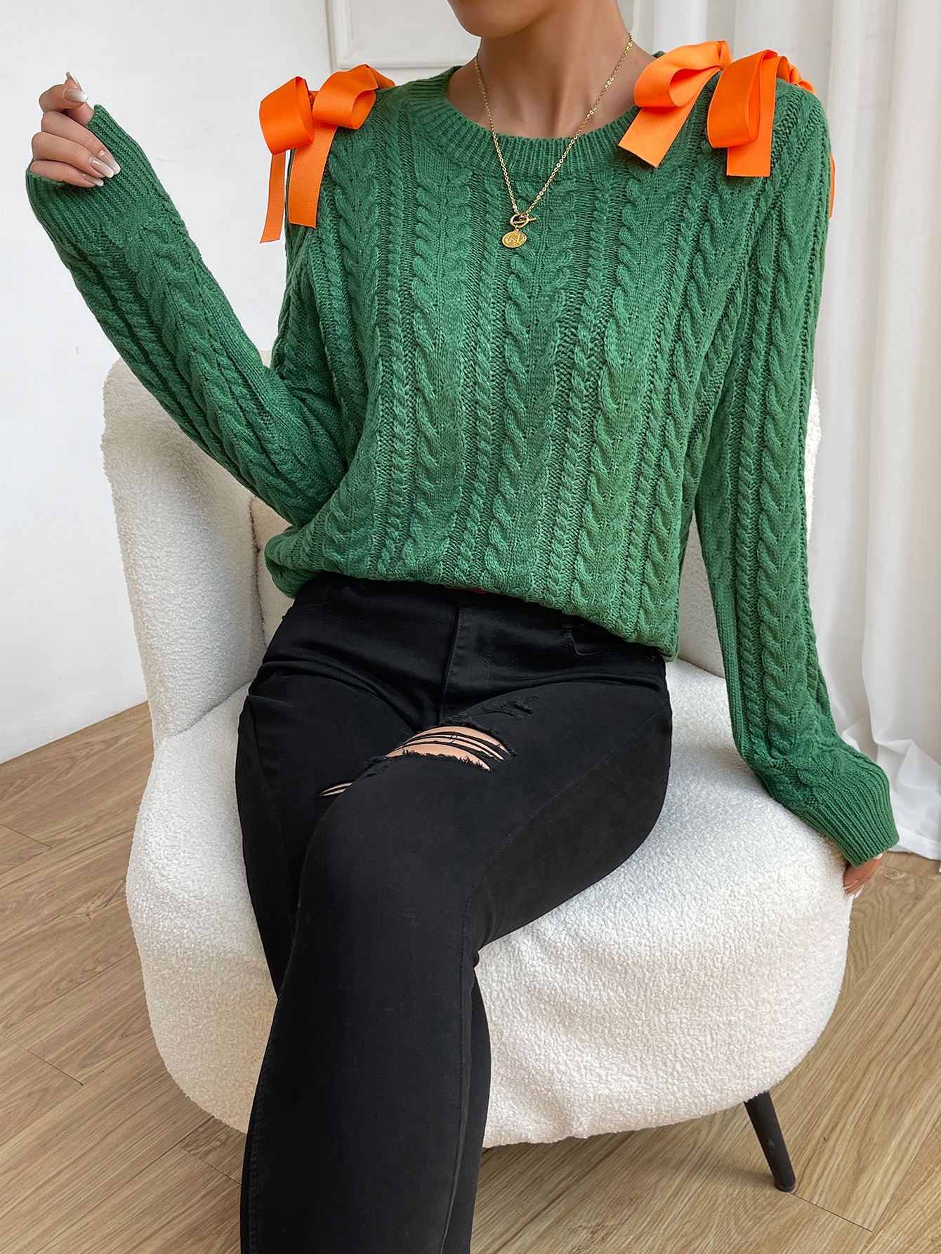 Bow Detail Cable Knit Sweater | SHEIN USA