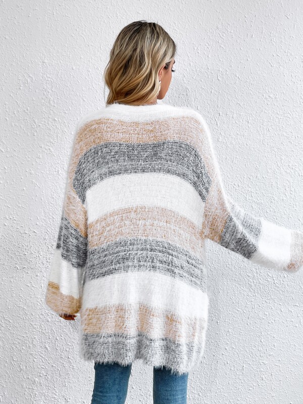 SHEIN Mulvari Colorblock Drop Shoulder Open Front Fluffy Knit Cardigan ...