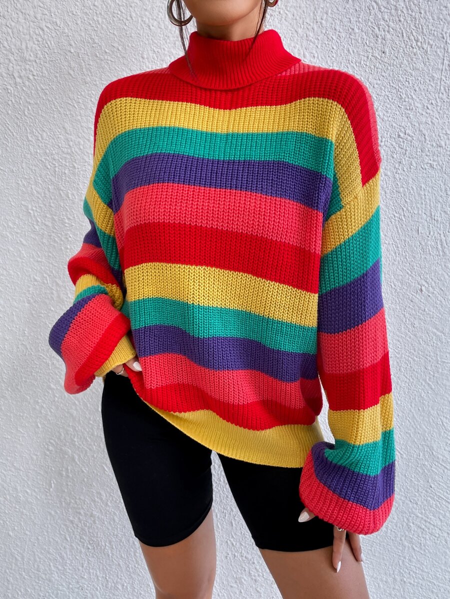 SHEIN EZwear Colorblock Striped Pattern Turtleneck Drop Shoulder ...