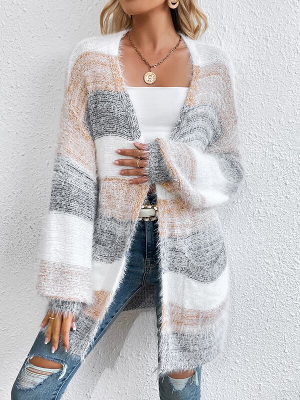 SHEIN Mulvari Colorblock Drop Shoulder Open Front Fluffy Knit Cardigan ...