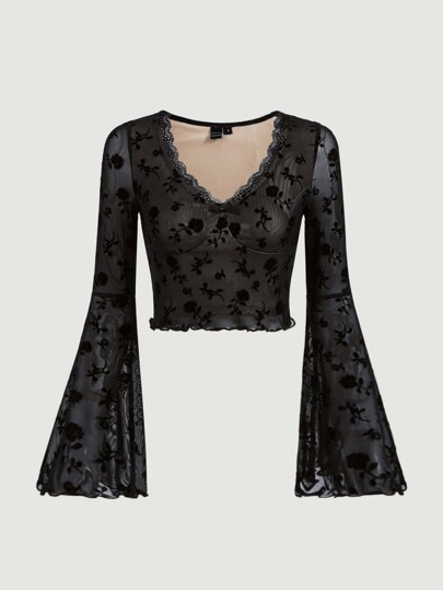 Shein Mod Floral Print Lettuce Trim Mesh Top Shein Uk