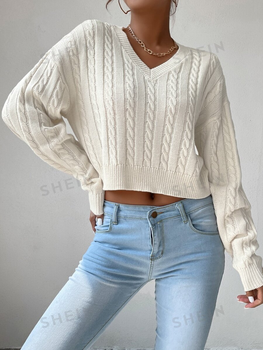 SHEIN Frenchy V-neck Cable Knit Sweater | SHEIN USA