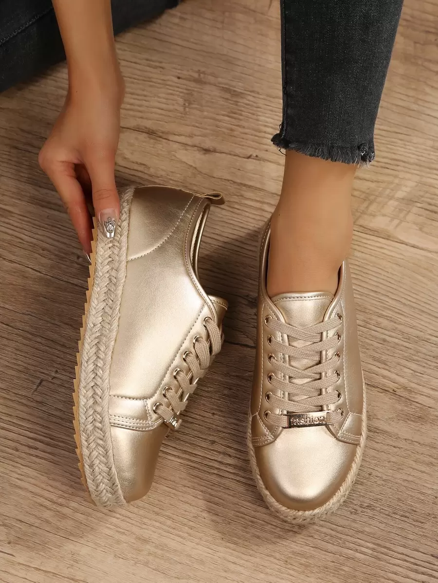Fall/Winter Women Metallic Metal Decor Lace-Up Front Casual Shoes ...