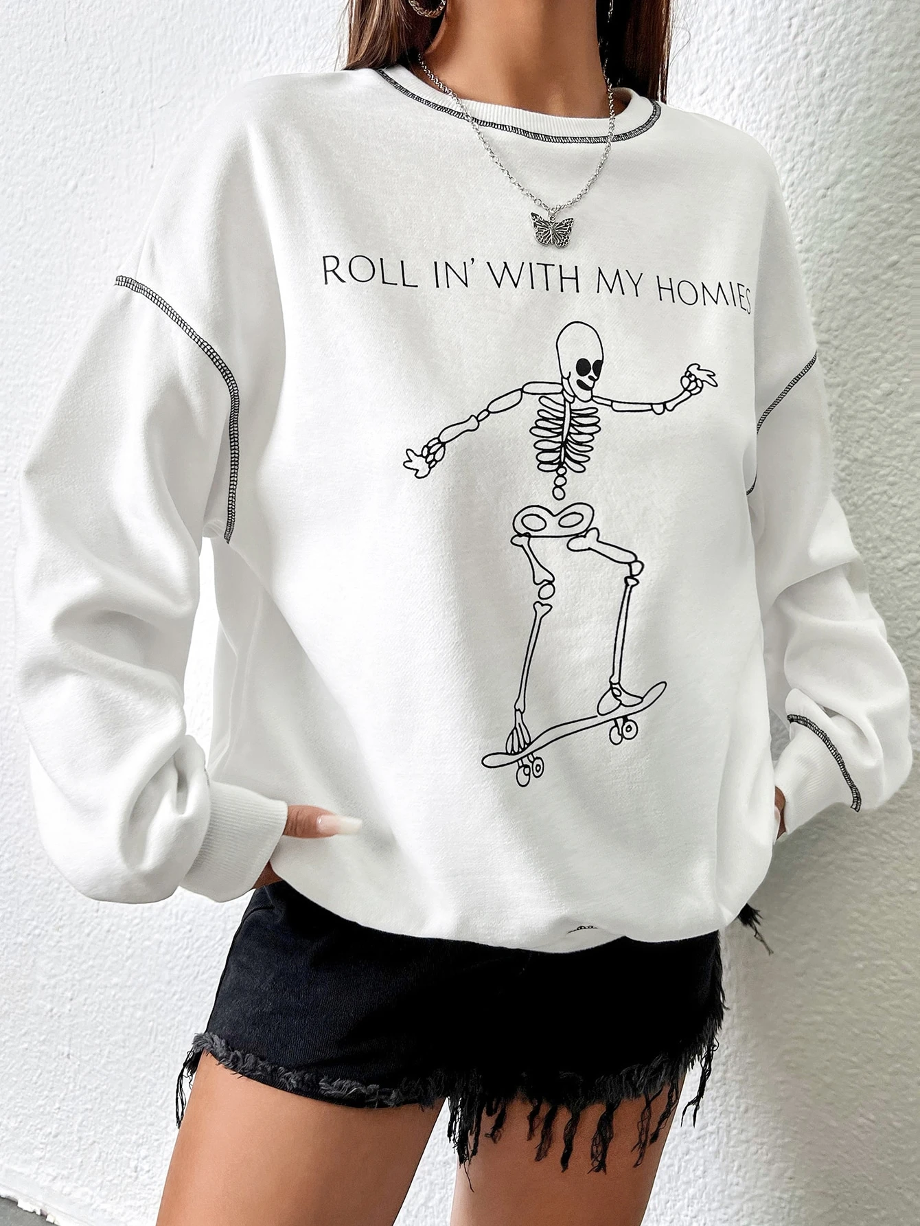 Stick Together Co Skeleton & Slogan Graphic Drop Shoulder Sweatshirt ...