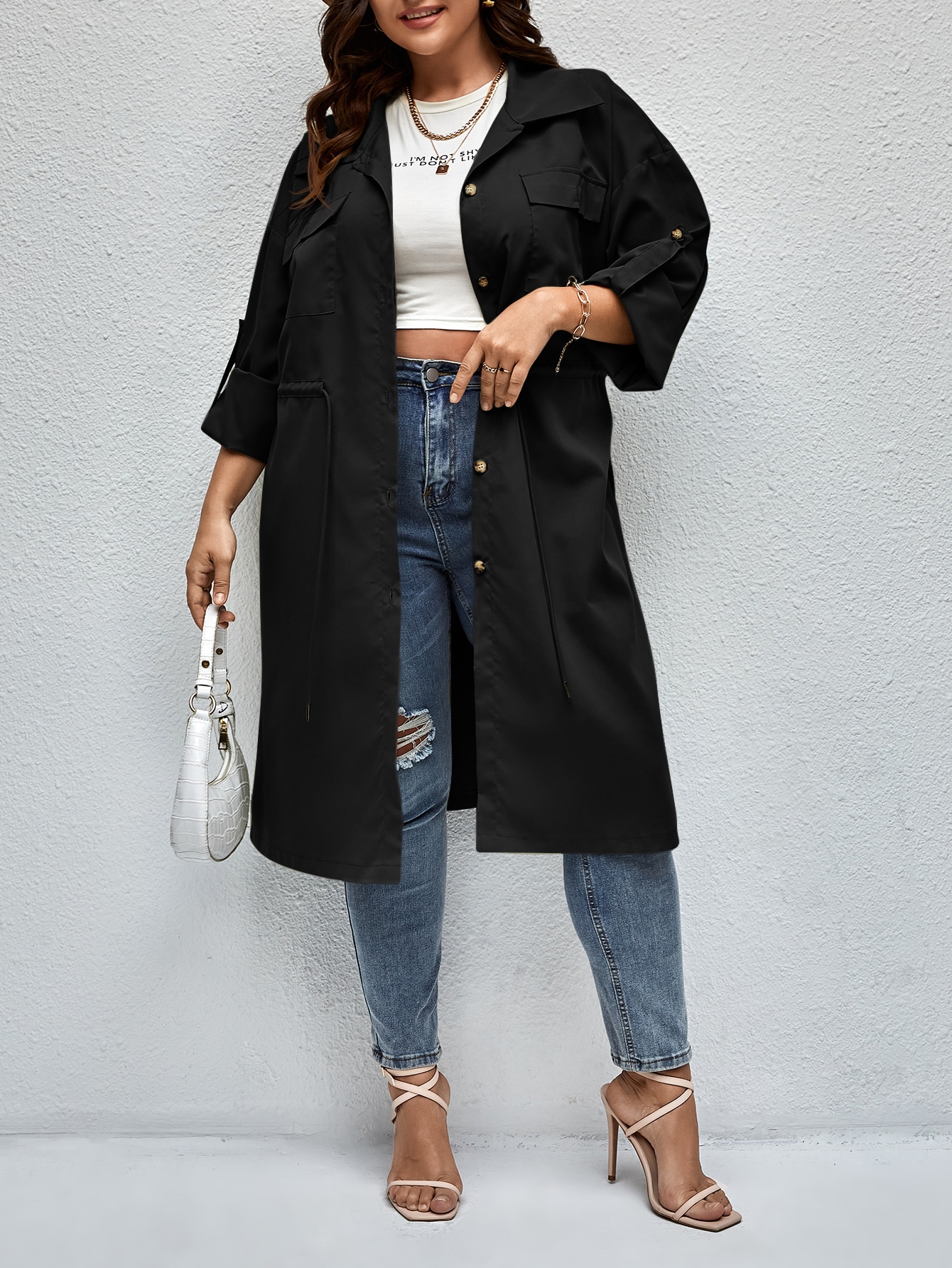 Shein Ezwear Plus Roll Tab Sleeve Drawstring Waist Coat Shein Usa