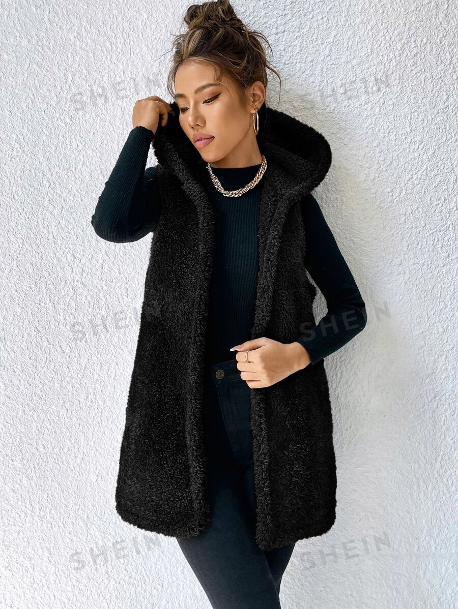 SHEIN LUNE Open Front Hooded Flannel Vest Coat | SHEIN UK