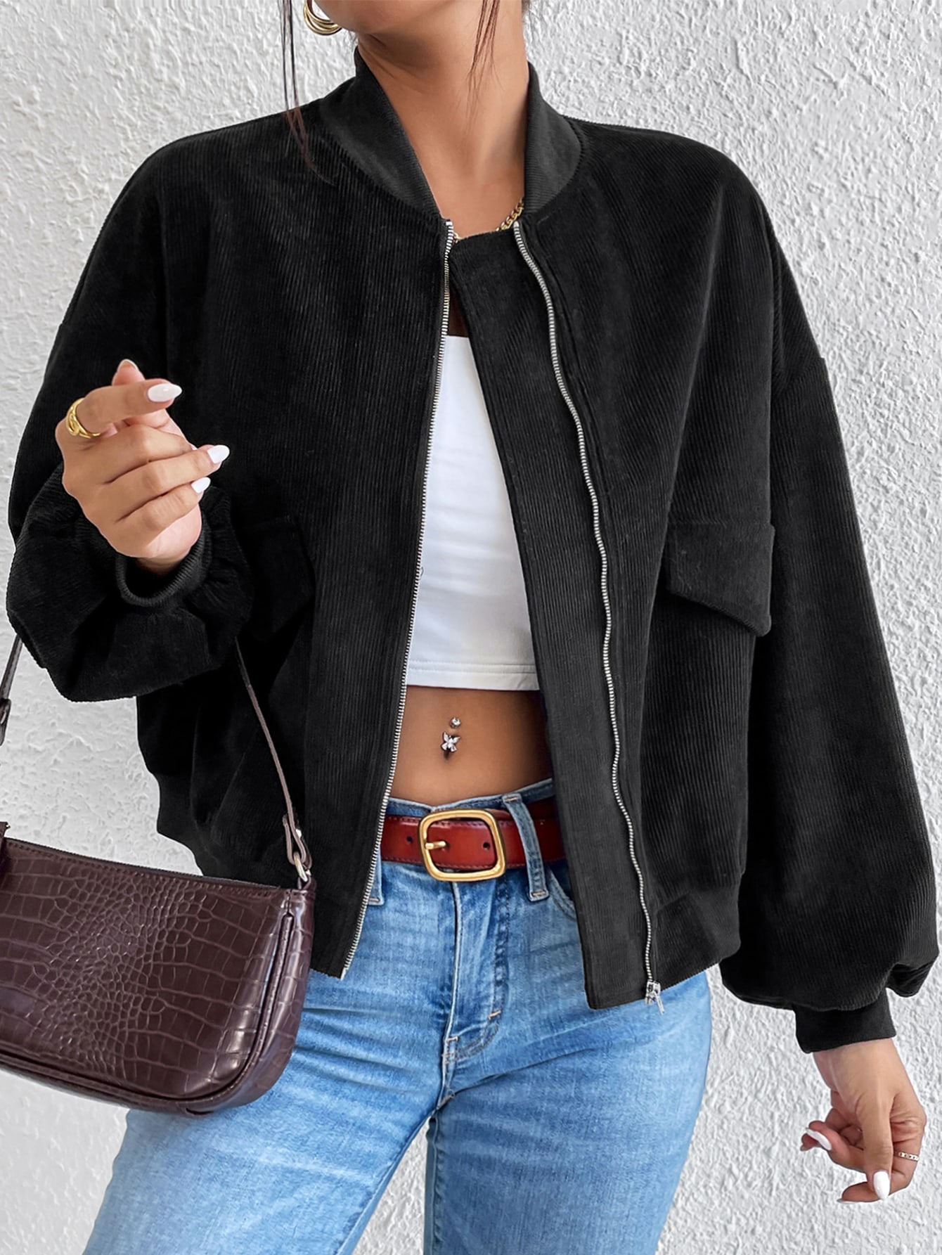Bishop Sleeve Zip Up Corduroy Bomber Jacket | SHEIN USA