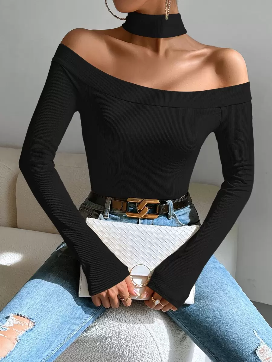 Chiquease Halter Neck Rib-Knit Tee Fall Cloth For Women | SHEIN USA