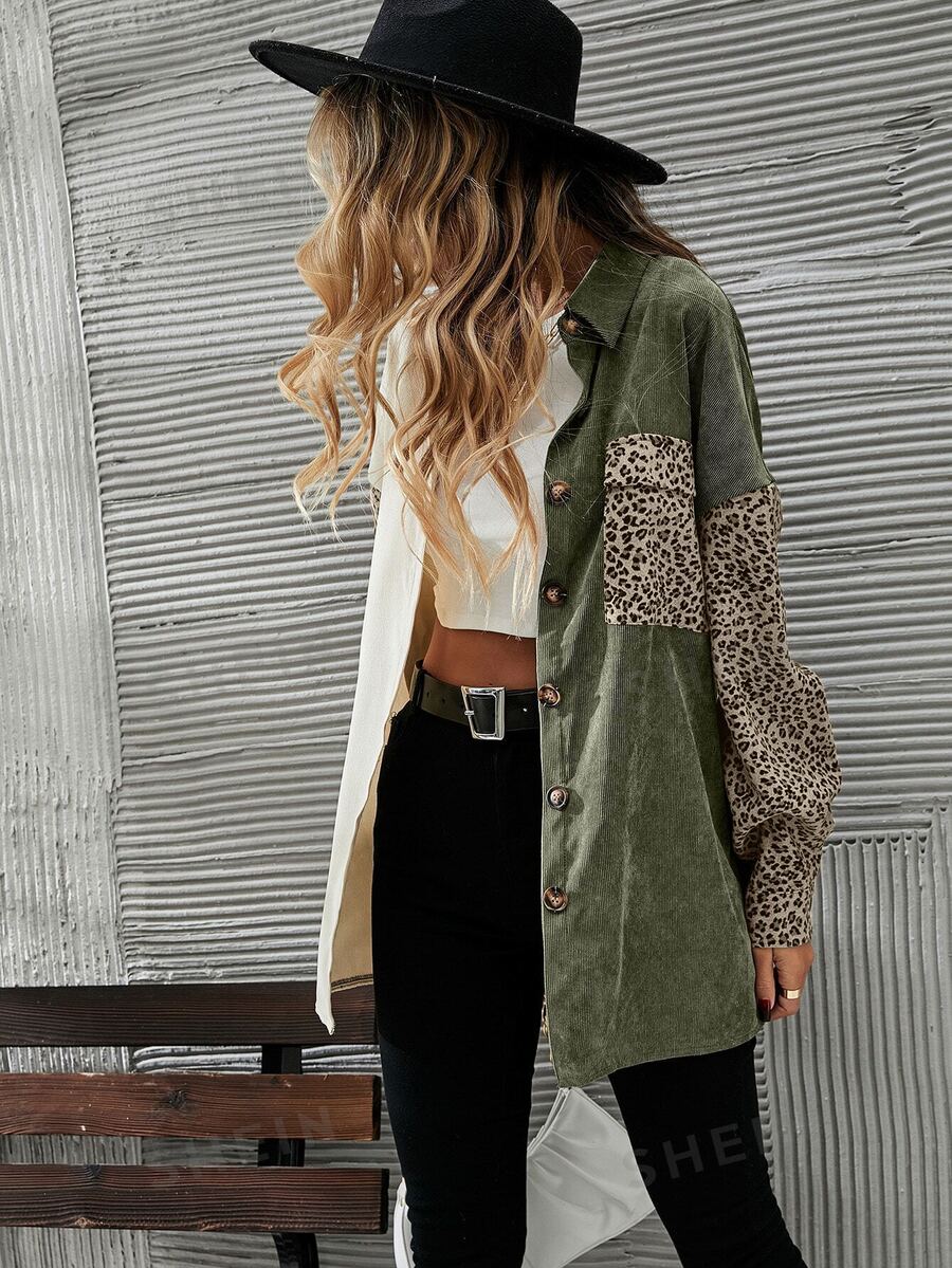 SHEIN LUNE Cut And Sew Leopard Corduroy Coat | SHEIN UK