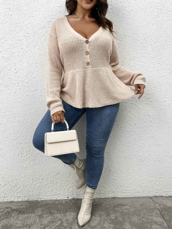 SHEIN Frenchy Plus Plunging Neck Peplum Sweater | SHEIN USA