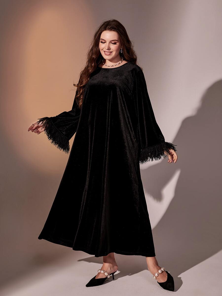 Modelyn Plus Fuzzy Cuff Trumpet Sleeve Velvet Tunic Dress | SHEIN USA