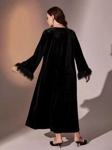 Modelyn Plus Fuzzy Cuff Trumpet Sleeve Velvet Tunic Dress | SHEIN USA