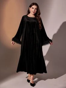 Modelyn Plus Fuzzy Cuff Trumpet Sleeve Velvet Tunic Dress | SHEIN USA