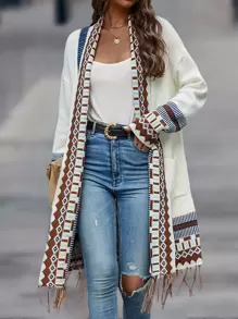 SHEIN LUNE Geo Pattern Drop Shoulder Fringe Hem Cardigan | SHEIN USA