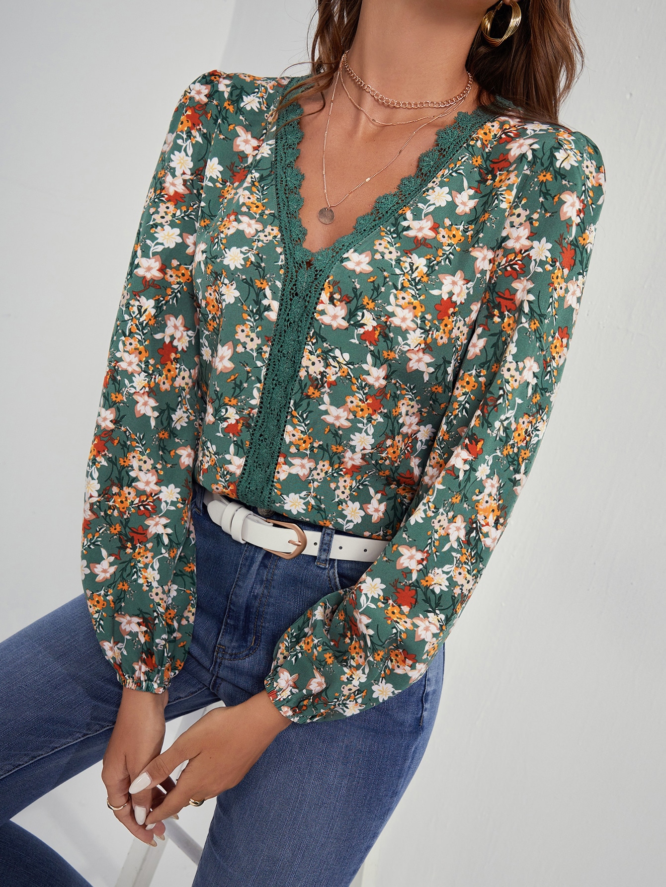 Shein Frenchy Floral Print Guipure Lace Trim Lantern Sleeve Blouse
