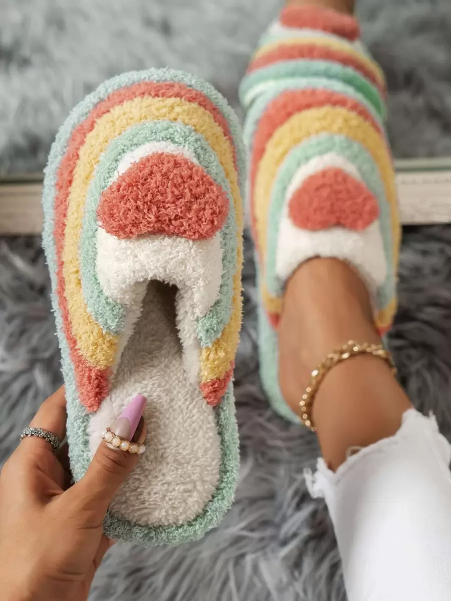 Color Block Heart Decor Fuzzy Bedroom Slippers, Multicolor Preppy Style ...